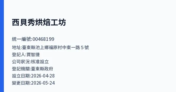 西貝秀烘焙工坊的照片-統編 00468199(臺東縣) 公司登記資料與營業項目詳細圖表