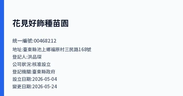 花見好飾種苗園的照片-統編 00468212(臺東縣) 公司登記資料與營業項目詳細圖表