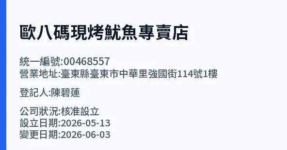 歐八碼現烤魷魚專賣店的照片-統編 00468557(臺東縣) 公司登記資料與營業項目詳細圖表