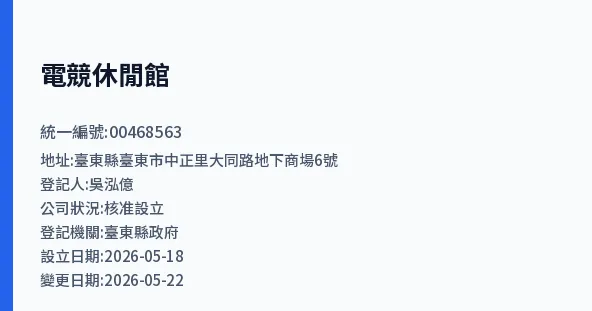 電競休閒館的照片-統編 00468563(臺東縣) 公司登記資料與營業項目詳細圖表