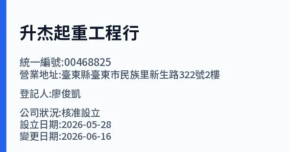 升杰起重工程行的照片-統編 00468825(臺東縣) 公司登記資料與營業項目詳細圖表