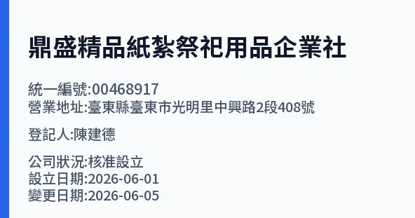 鼎盛精品紙紮祭祀用品企業社的照片-統編 00468917(臺東縣) 公司登記資料與營業項目詳細圖表