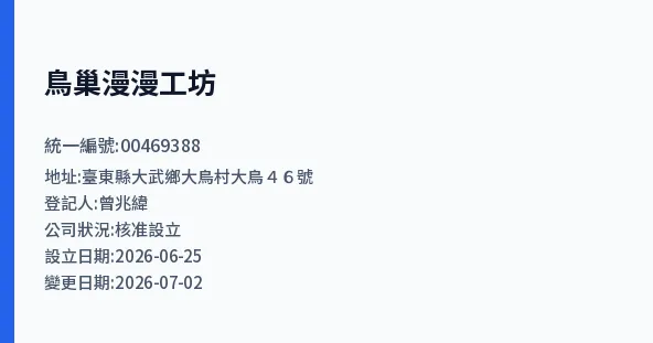 鳥巢漫漫工坊的照片-統編 00469388(臺東縣) 公司登記資料與營業項目詳細圖表