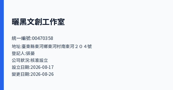 曬黑文創工作室的照片-統編 00470358(臺東縣) 公司登記資料與營業項目詳細圖表