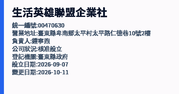 生活英雄聯盟企業社的照片-統編 00470630(臺東縣) 公司登記資料與營業項目詳細圖表
