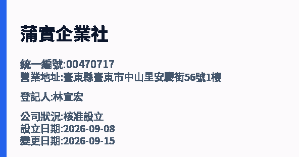 蒲實企業社的照片-統編 00470717(臺東縣) 公司登記資料與營業項目詳細圖表