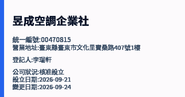 昱成空調企業社的照片-統編 00470815(臺東縣) 公司登記資料與營業項目詳細圖表