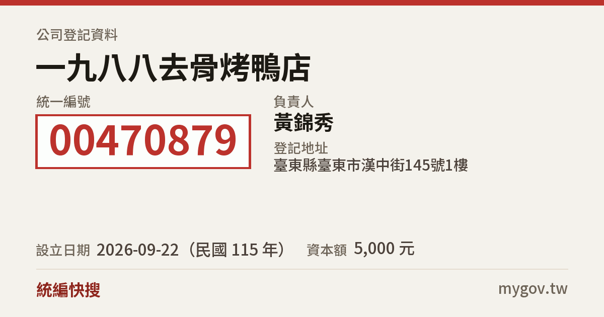 一九八八去骨烤鴨店的照片-統編 00470879(臺東縣) 公司登記資料與營業項目詳細圖表
