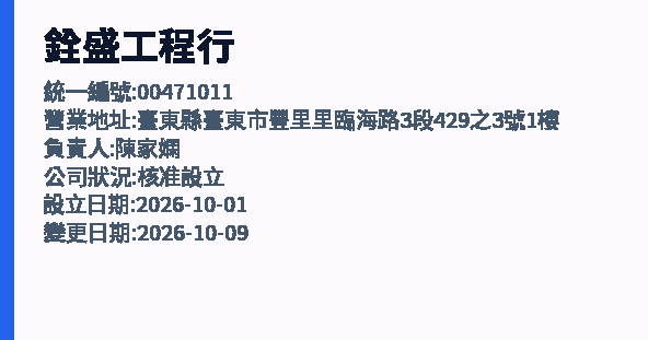 銓盛工程行的照片-統編 00471011(臺東縣) 公司登記資料與營業項目詳細圖表