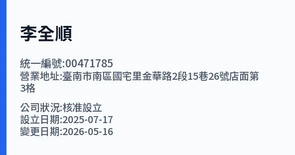 李全順的照片-統編 00471785(臺南市) 公司登記資料與營業項目詳細圖表