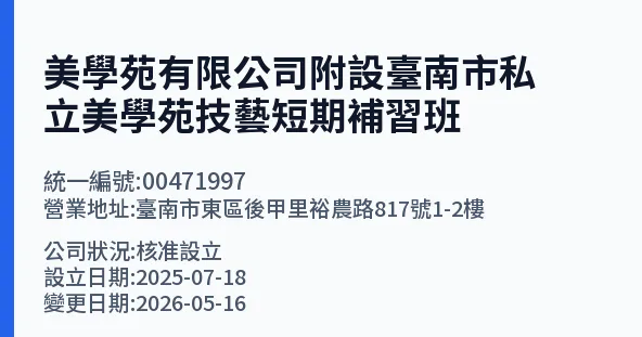 美學苑有限公司附設臺南市私立美學苑技藝短期補習班的照片-統編 00471997(臺南市) 公司登記資料與營業項目詳細圖表