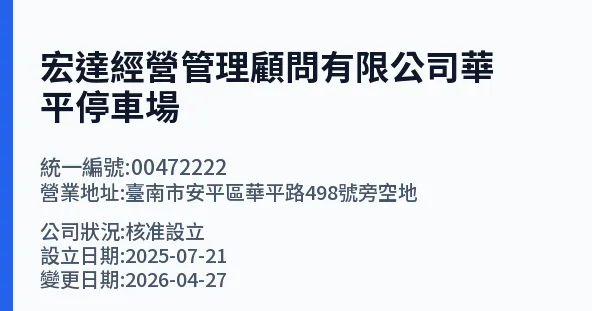 宏達經營管理顧問有限公司華平停車場的照片-統編 00472222(臺南市) 公司登記資料與營業項目詳細圖表