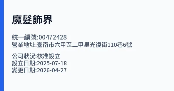 魔髮飾界的照片-統編 00472428(臺南市) 公司登記資料與營業項目詳細圖表