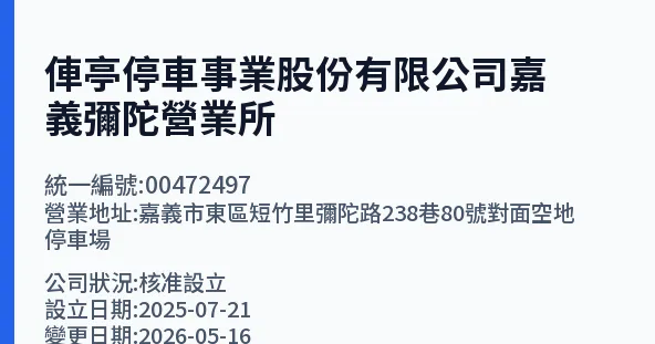俥亭停車事業股份有限公司嘉義彌陀營業所的照片-統編 00472497(嘉義市) 公司登記資料與營業項目詳細圖表