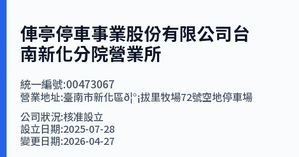 俥亭停車事業股份有限公司台南新化分院營業所的照片-統編 00473067(臺南市) 公司登記資料與營業項目詳細圖表