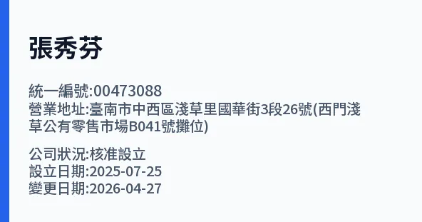 張秀芬的照片-統編 00473088(臺南市) 公司登記資料與營業項目詳細圖表