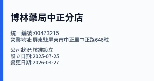 博林藥局中正分店的照片-統編 00473215(屏東縣) 公司登記資料與營業項目詳細圖表