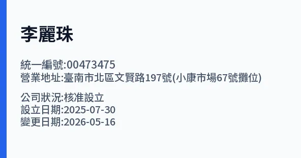 李麗珠的照片-統編 00473475(臺南市) 公司登記資料與營業項目詳細圖表