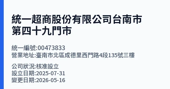 統一超商股份有限公司台南市第四十九門市的照片-統編 00473833(臺南市) 公司登記資料與營業項目詳細圖表