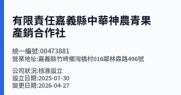 有限責任嘉義縣中華神農青果產銷合作社的照片-統編 00473881(嘉義縣) 公司登記資料與營業項目詳細圖表