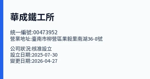 華成鐵工所的照片-統編 00473952(臺南市) 公司登記資料與營業項目詳細圖表