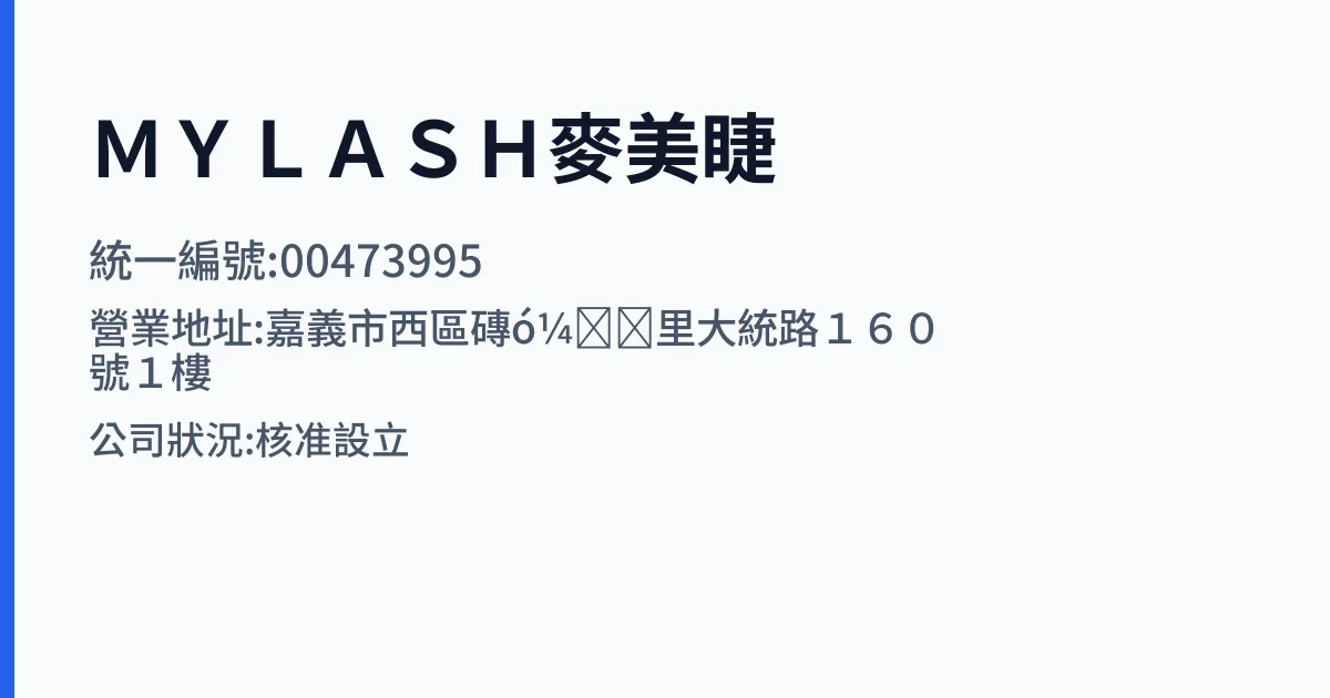 ＭＹＬＡＳＨ麥美睫 - 統編 00473995(嘉義市) 公司登記資料與營業項目詳細圖表