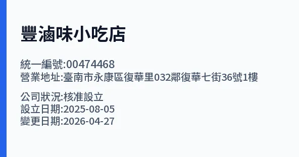 豐滷味小吃店的照片-統編 00474468(臺南市) 公司登記資料與營業項目詳細圖表