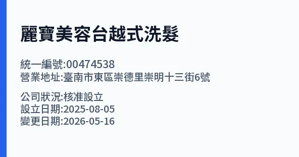 麗寶美容台越式洗髮的照片-統編 00474538(臺南市) 公司登記資料與營業項目詳細圖表