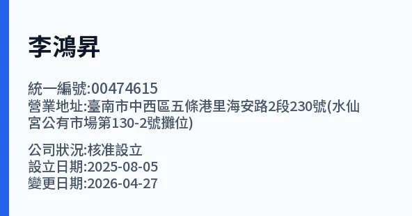 李鴻昇的照片-統編 00474615(臺南市) 公司登記資料與營業項目詳細圖表