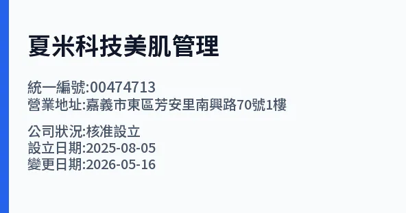 夏米科技美肌管理的照片-統編 00474713(嘉義市) 公司登記資料與營業項目詳細圖表