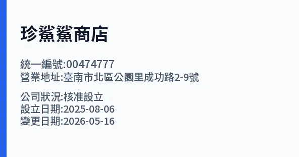 珍鯊鯊商店的照片-統編 00474777(臺南市) 公司登記資料與營業項目詳細圖表