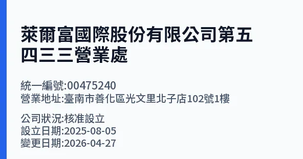 萊爾富國際股份有限公司第五四三三營業處的照片-統編 00475240(臺南市) 公司登記資料與營業項目詳細圖表