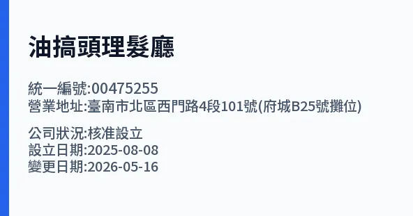 油搞頭理髮廳的照片-統編 00475255(臺南市) 公司登記資料與營業項目詳細圖表