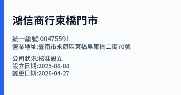 鴻信商行東橋門市的照片-統編 00475591(臺南市) 公司登記資料與營業項目詳細圖表