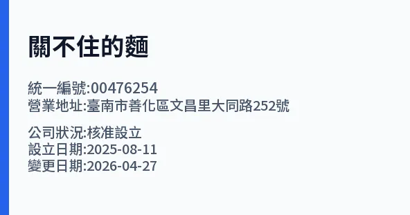 關不住的麵的照片-統編 00476254(臺南市) 公司登記資料與營業項目詳細圖表