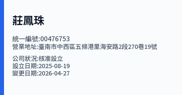 莊鳳珠的照片-統編 00476753(臺南市) 公司登記資料與營業項目詳細圖表