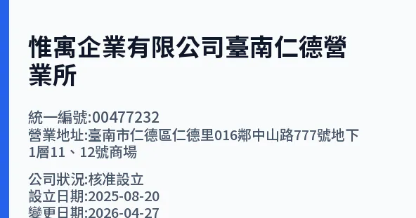 惟寓企業有限公司臺南仁德營業所的照片-統編 00477232(臺南市) 公司登記資料與營業項目詳細圖表