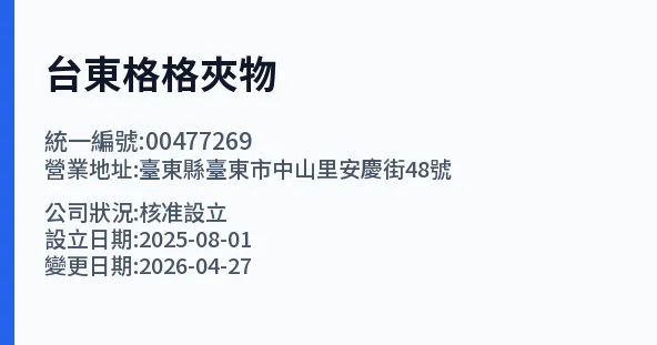 台東格格夾物的照片-統編 00477269(臺東縣) 公司登記資料與營業項目詳細圖表