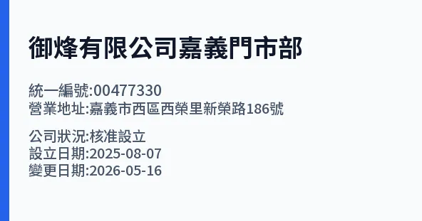 御烽有限公司嘉義門市部的照片-統編 00477330(嘉義市) 公司登記資料與營業項目詳細圖表