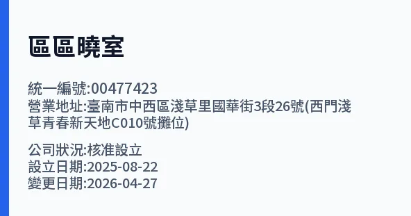 區區曉室的照片-統編 00477423(臺南市) 公司登記資料與營業項目詳細圖表