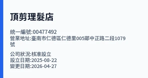 頂剪理髮店的照片-統編 00477492(臺南市) 公司登記資料與營業項目詳細圖表