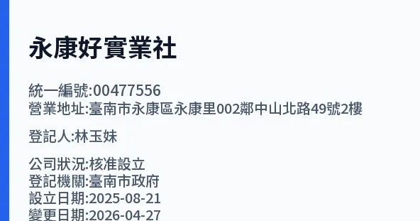 永康好實業社的照片-統編 00477556(臺南市) 公司登記資料與營業項目詳細圖表