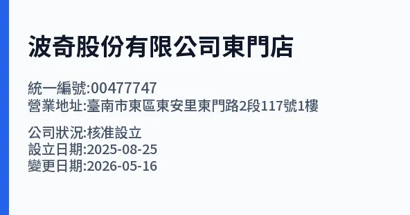 波奇股份有限公司東門店的照片-統編 00477747(臺南市) 公司登記資料與營業項目詳細圖表