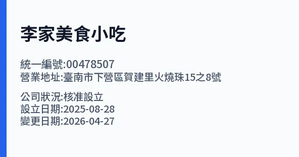 李家美食小吃的照片-統編 00478507(臺南市) 公司登記資料與營業項目詳細圖表