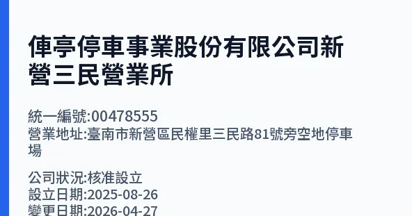 俥亭停車事業股份有限公司新營三民營業所的照片-統編 00478555(臺南市) 公司登記資料與營業項目詳細圖表