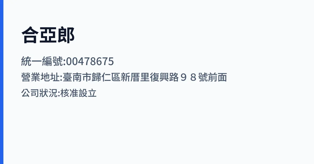 合亞郎 - 統編 00478675(臺南市) 公司登記資料與營業項目詳細圖表