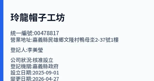 玲龍帽子工坊的照片-統編 00478817(嘉義縣) 公司登記資料與營業項目詳細圖表