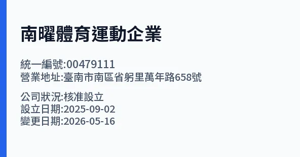 南曜體育運動企業的照片-統編 00479111(臺南市) 公司登記資料與營業項目詳細圖表
