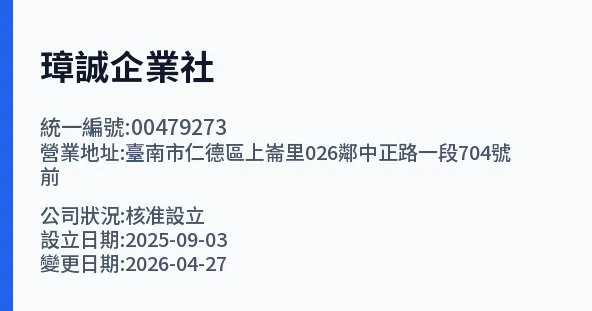 璋誠企業社的照片-統編 00479273(臺南市) 公司登記資料與營業項目詳細圖表