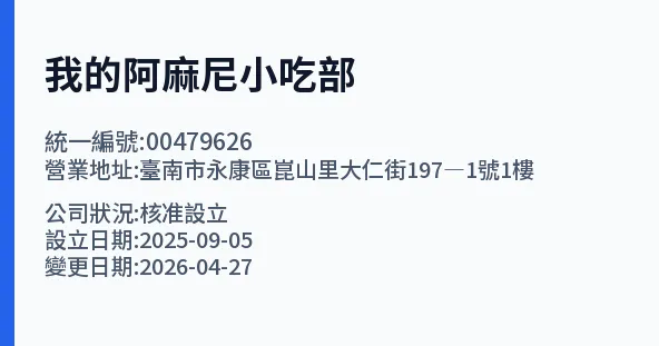 我的阿麻尼小吃部的照片-統編 00479626(臺南市) 公司登記資料與營業項目詳細圖表